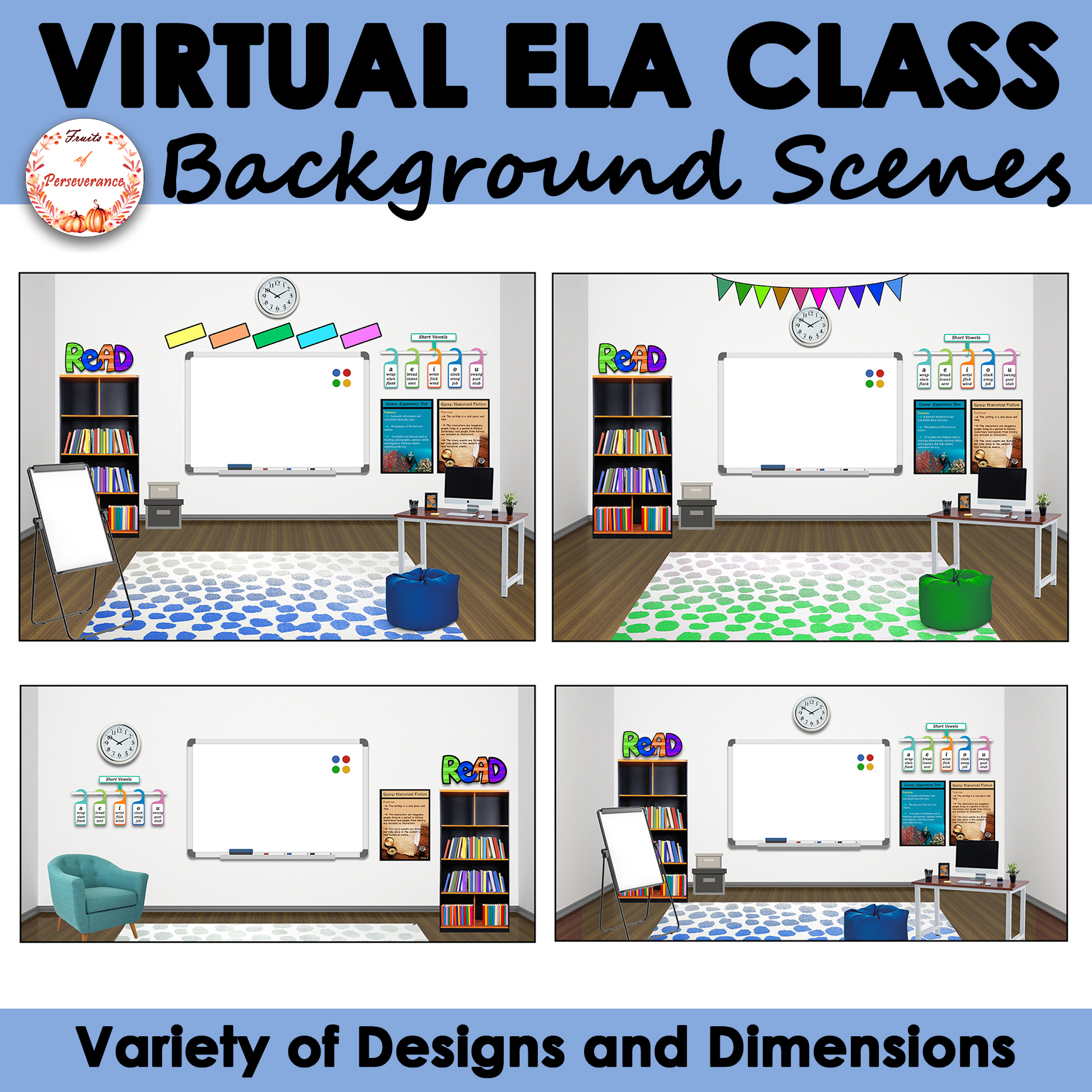 Virtual ELA Classroom Backgrounds | English Language Class School Rooms Clipart | Made By Teachers