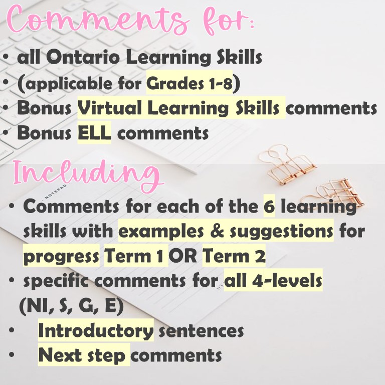 LEARNING SKILLS Report Card Comment Bank ALL GRADES | Made By Teachers