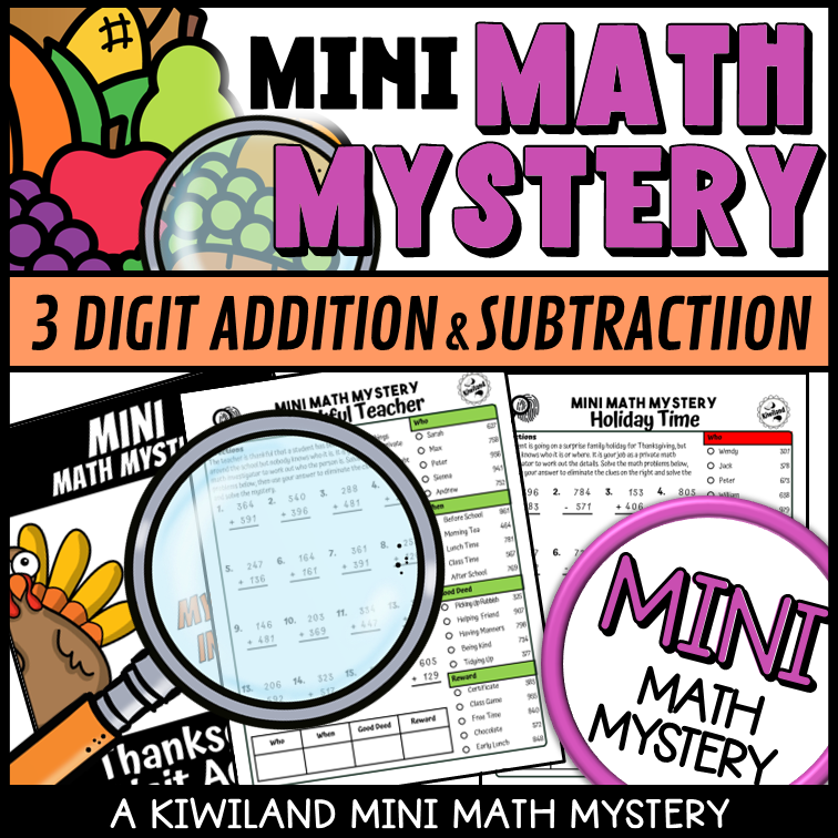 Thanksgiving Mini Math Mystery 3 Digit Addition and Subtraction with ...