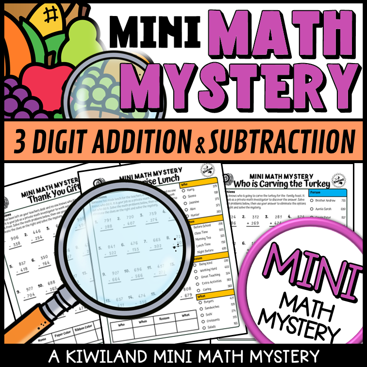 Thanksgiving Mini Math Mystery 3 Digit Addition and Subtraction with ...