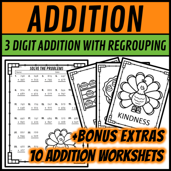 3 Digit Adddition and Subtraction with Regrouping Bundle Thanksgiving ...