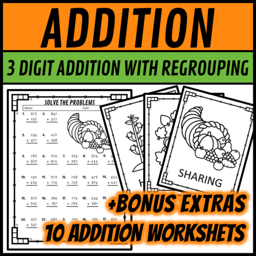 3 Digit Addition with Regrouping Thanksgiving and Fall Math Worksheets ...