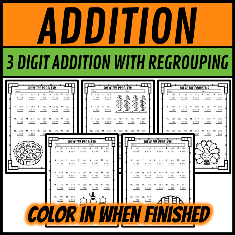 3 Digit Addition with Regrouping Thanksgiving and Fall Math Worksheets ...