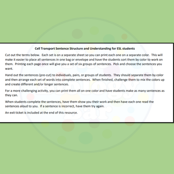 ESL Biology Cell Transport Sentence Review - Made By Teachers