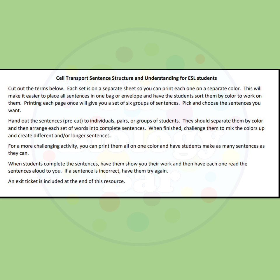 ESL Biology Cell Transport Sentence Review | Made By Teachers