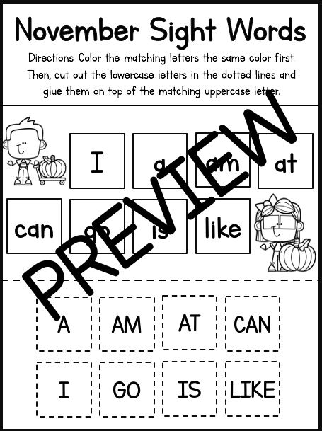 November Sight Words Cut, Glue, and Match Literacy Center! VPK ...