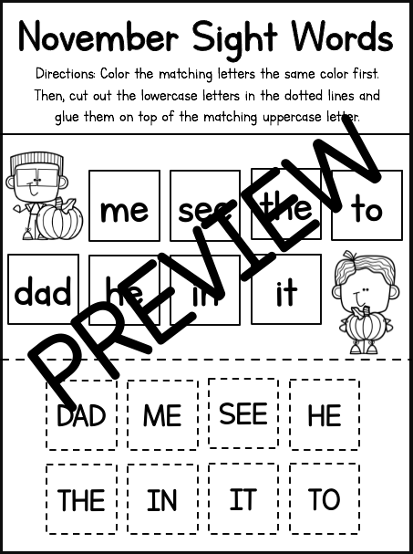 November Sight Words Cut, Glue, and Match Literacy Center! VPK ...