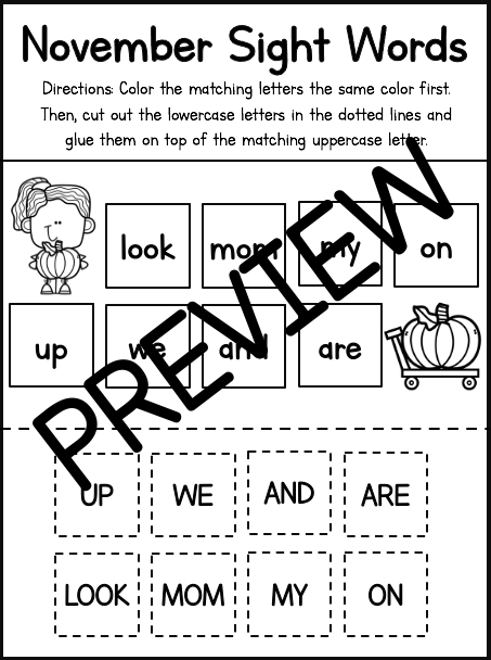 November Sight Words Cut, Glue, and Match Literacy Center! VPK ...