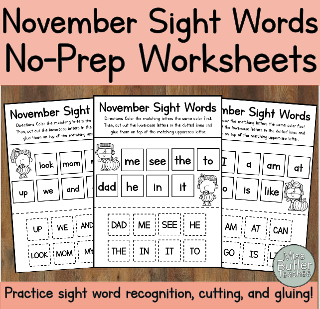 November Sight Words Cut, Glue, and Match Literacy Center! VPK ...