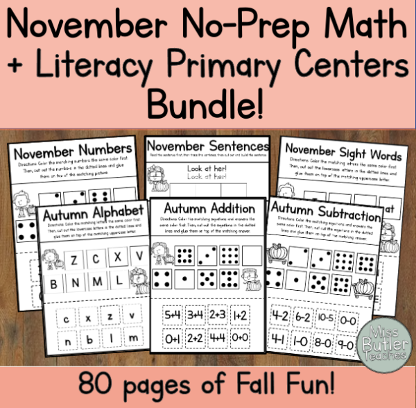 Cut, Match, + Glue November Literacy and Math Center Bundle! VPK ...
