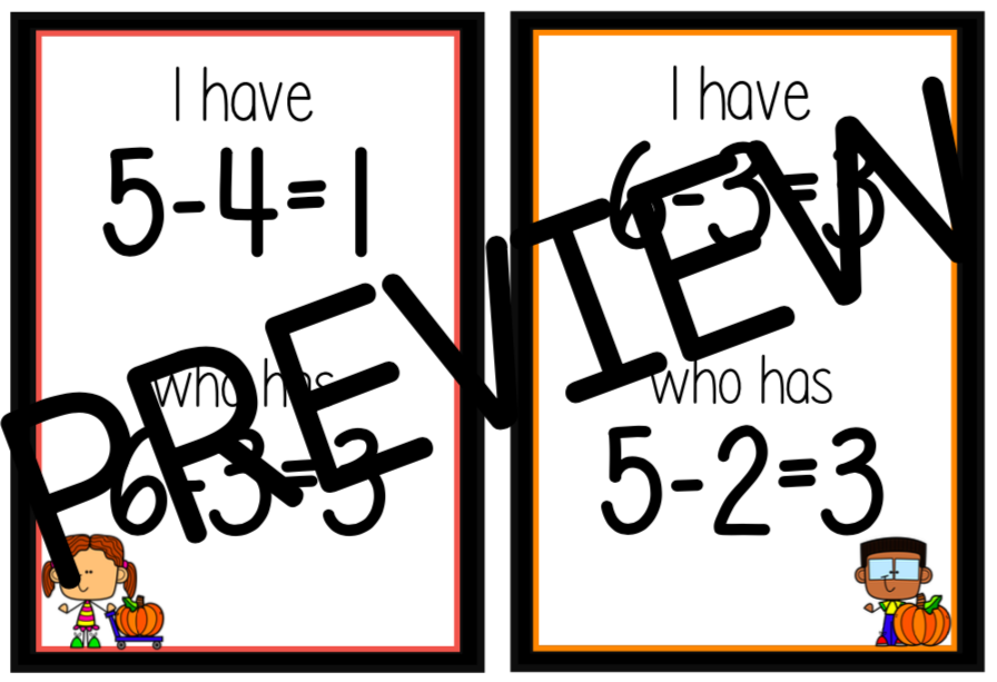 November + Fall Subtraction I Have Who Has Game - Kindergarten, VPK ...