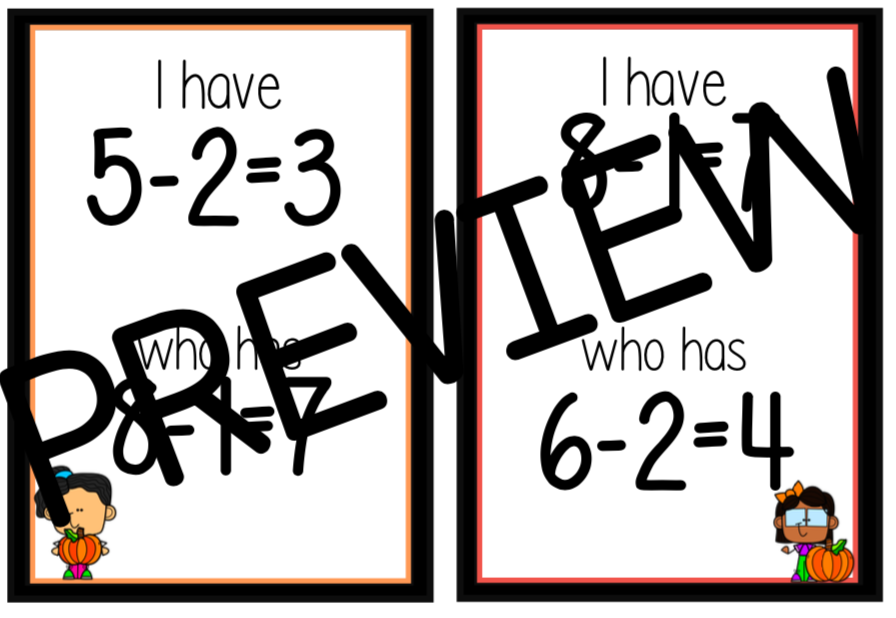 November + Fall Subtraction I Have Who Has Game - Kindergarten, VPK ...