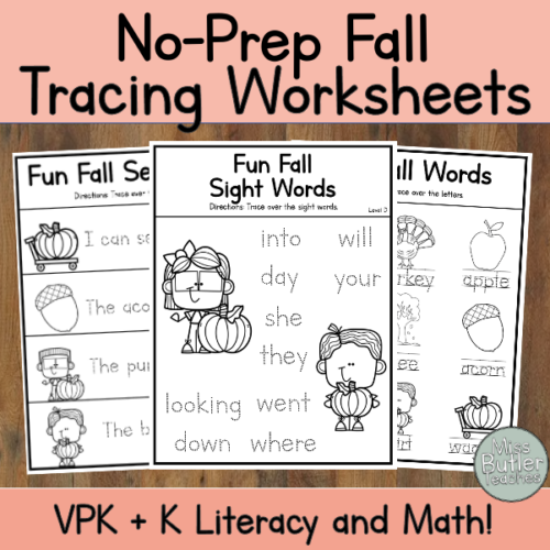 NO PREP November Fall Tracing Worksheets - VPK + Kindergarten | Made By ...
