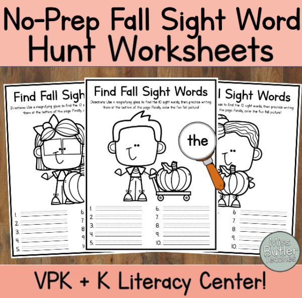 NO PREP November Sight Word Hunt Literacy Center - Kindergarten, VPK ...