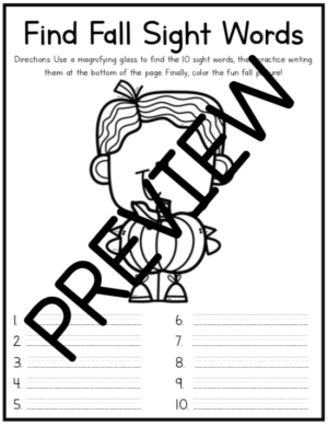 NO PREP November Sight Word Hunt Literacy Center - Kindergarten, VPK ...
