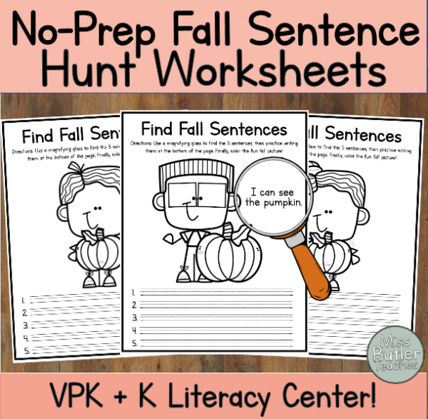 NO PREP November Sentence Hunt Literacy Center - Kindergarten, VPK, 1st ...