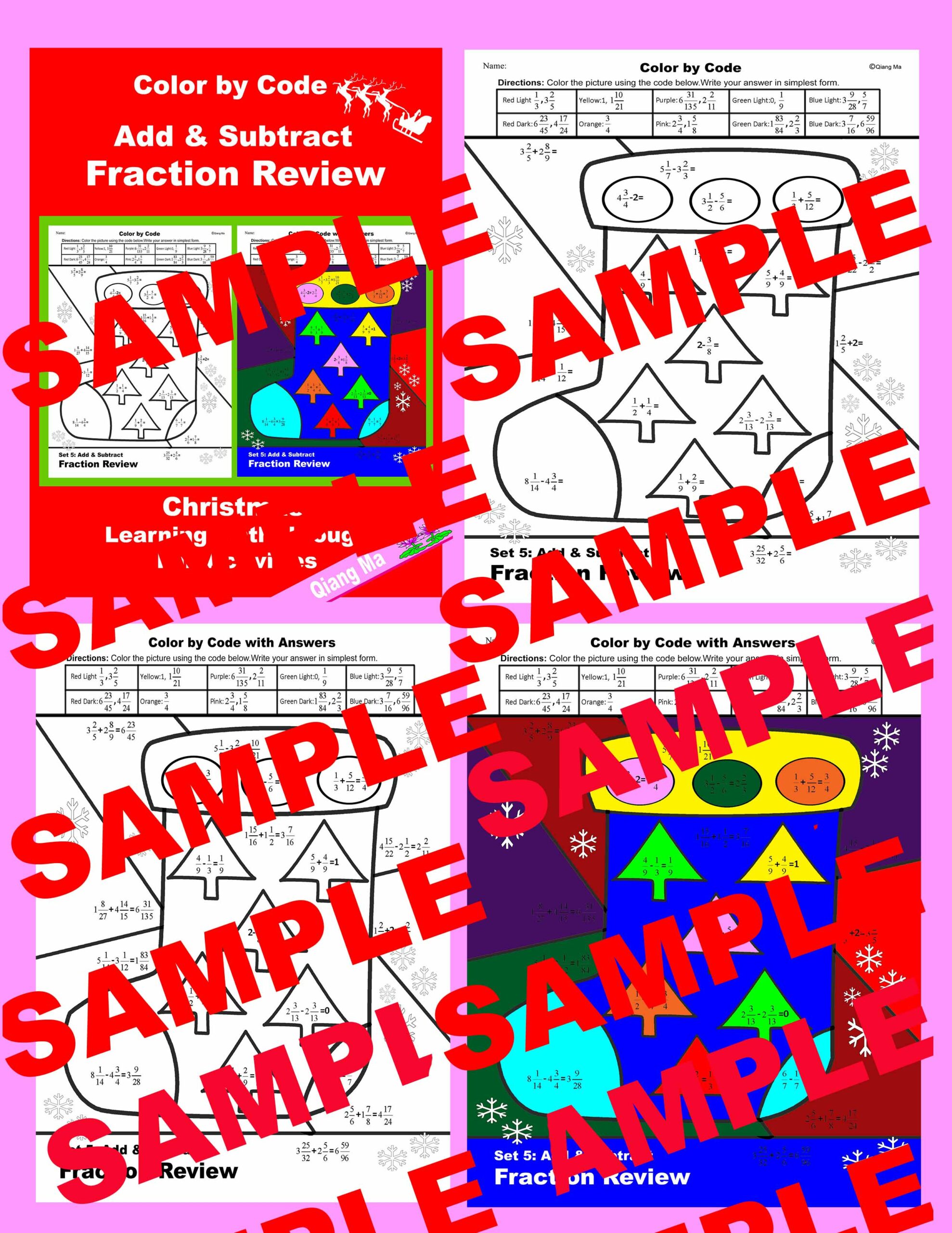 Christmas Color by Code: Add and Subtract Fraction Review | Made By ...
