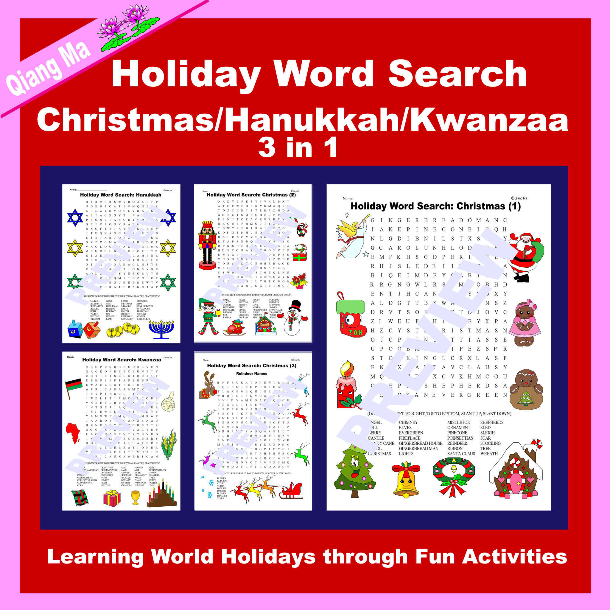 Holiday Word Search: Christmas/Hanukkah/Kwanzaa 3 in 1 Bundle | Made By ...