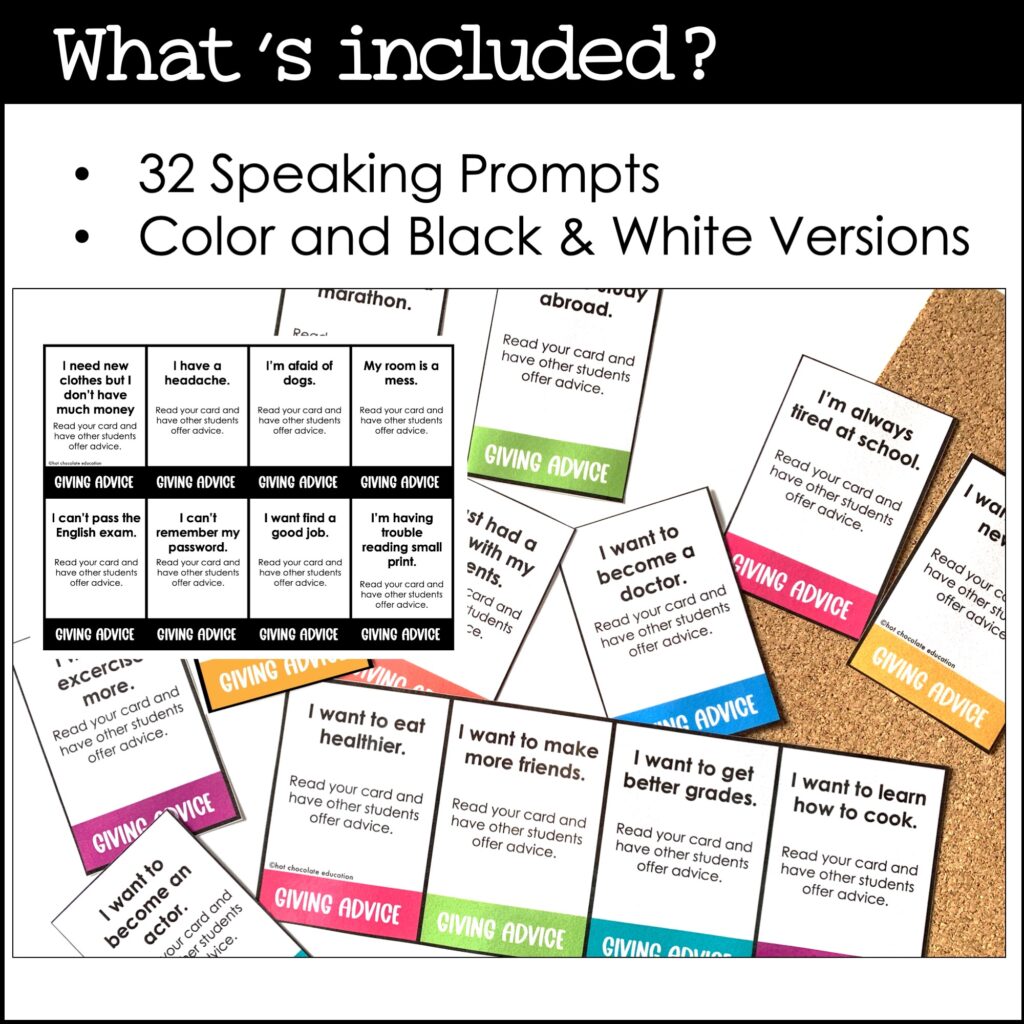 Giving Advice - Conversation Cards - ESL Speaking Skills Activity ...