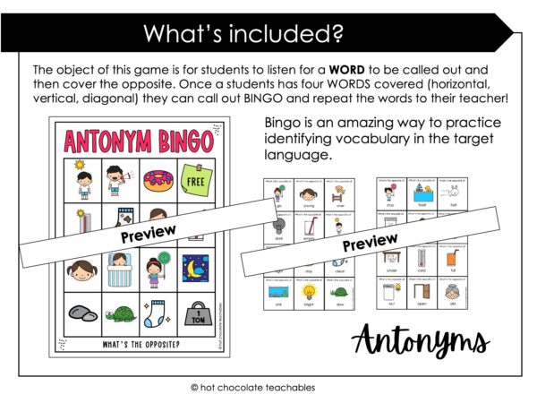 Antonyms | Opposite Words Printable Bingo Game Cards | Made By Teachers