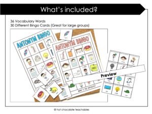 Antonyms | Opposite Words Printable Bingo Game Cards | Made By Teachers