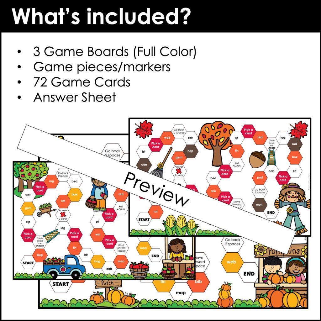 Fall CVC WORD FLUENCY Roll & Read Board Games : Short A - E - I - O - U ...