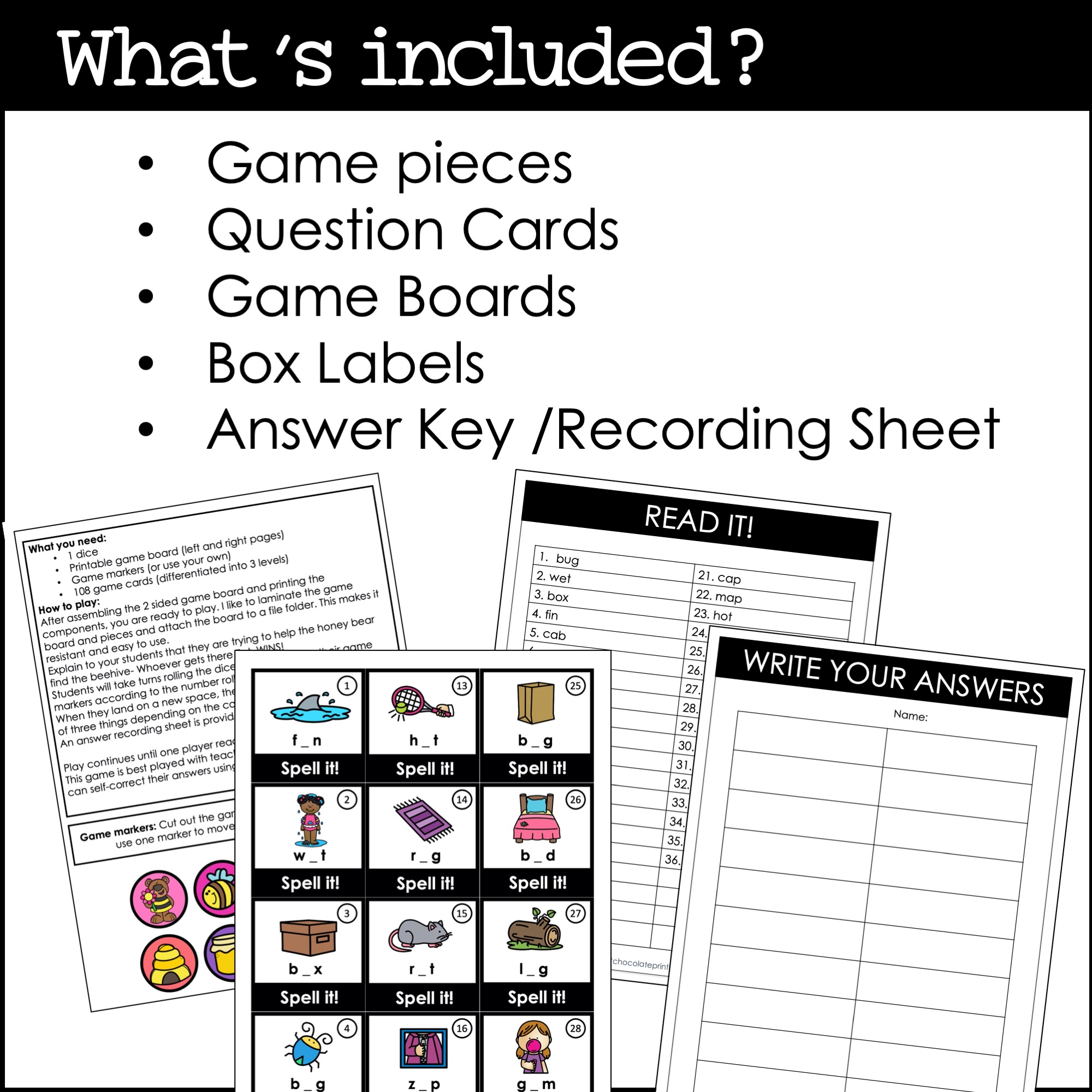 CVC WORD Read, Write & Spell Board Game : Short Vowel Practice A - E ...