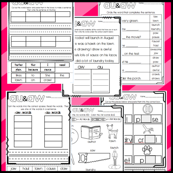 Au and Aw Worksheets: Cut and Paste Sorts, Cloze, Read and Draw and ...