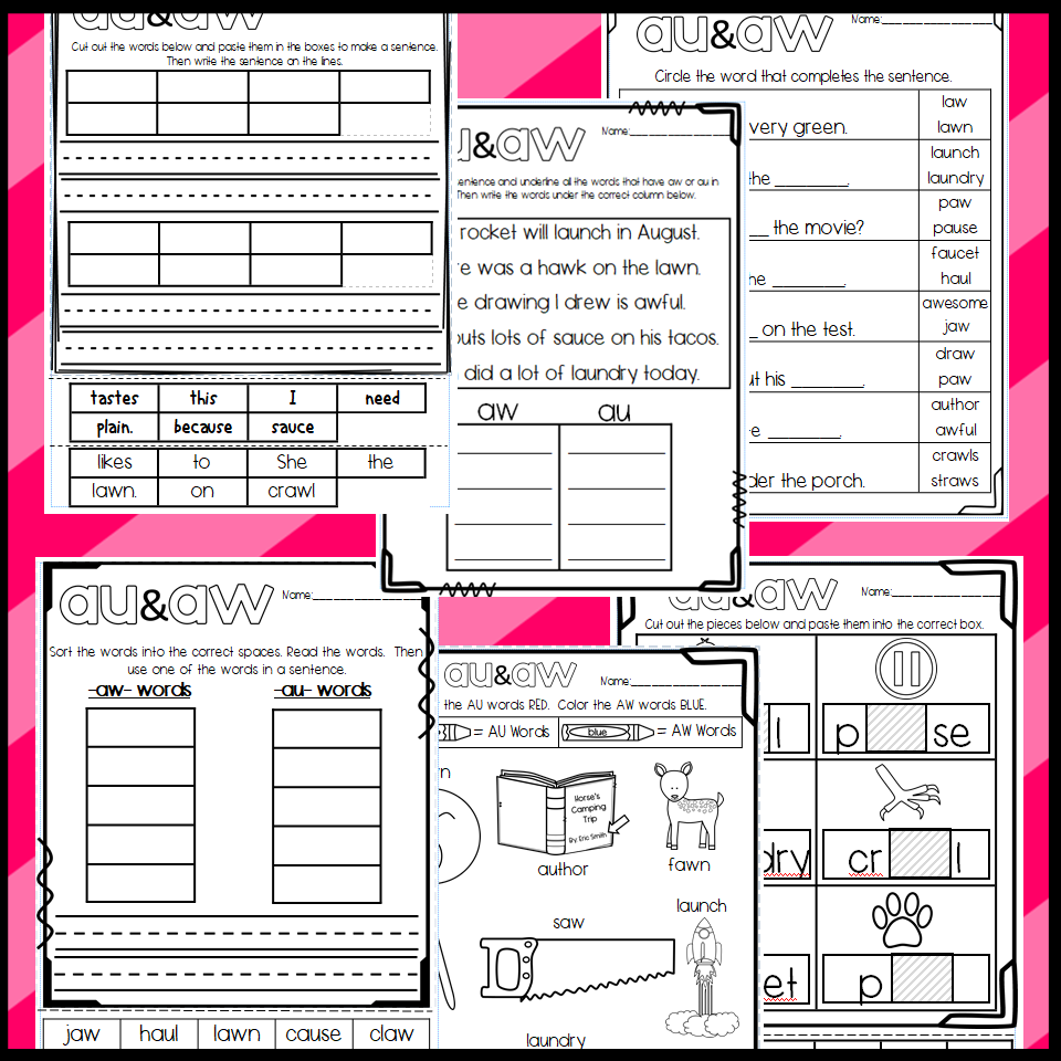 Au and Aw Worksheets: Cut and Paste Sorts, Cloze, Read and Draw and ...
