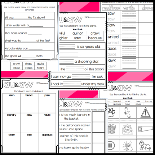 Au and Aw Worksheets: Cut and Paste Sorts, Cloze, Read and Draw and ...