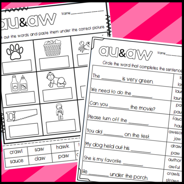 Au and Aw Worksheets: Cut and Paste Sorts, Cloze, Read and Draw and ...