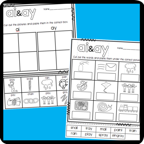 Ay and Ai Worksheets: Cut and Paste Sorts, Cloze, Read and Draw, and ...