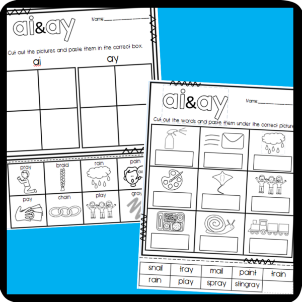 Ay and Ai Worksheets: Cut and Paste Sorts, Cloze, Read and Draw, and ...