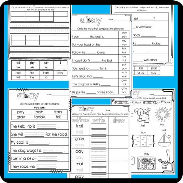 Ay and Ai Worksheets: Cut and Paste Sorts, Cloze, Read and Draw, and ...