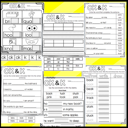 Ending CK and K Worksheets: Cut and Paste Sorts, Cloze, Writing and ...