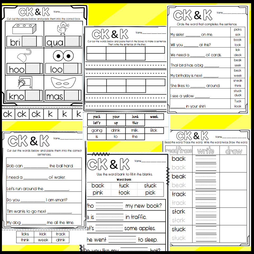 Ending CK and K Worksheets: Cut and Paste Sorts, Cloze, Writing and ...