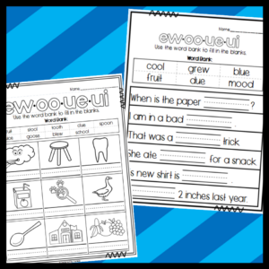 Ew, Ue, Ui, and OO Worksheets: Cut and Paste Sorts, Cloze sentences ...