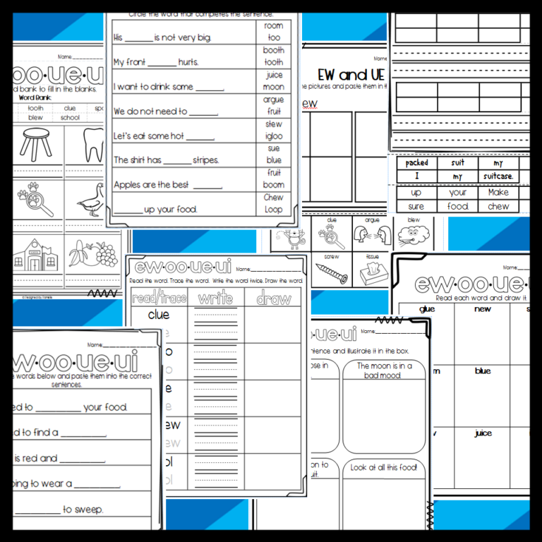 Ew, Ue, Ui, and OO Worksheets: Cut and Paste Sorts, Cloze sentences ...