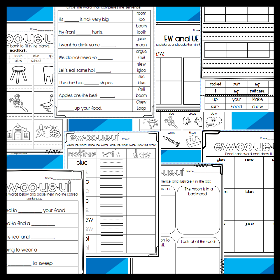 Ew, Ue, Ui, and OO Worksheets: Cut and Paste Sorts, Cloze sentences ...