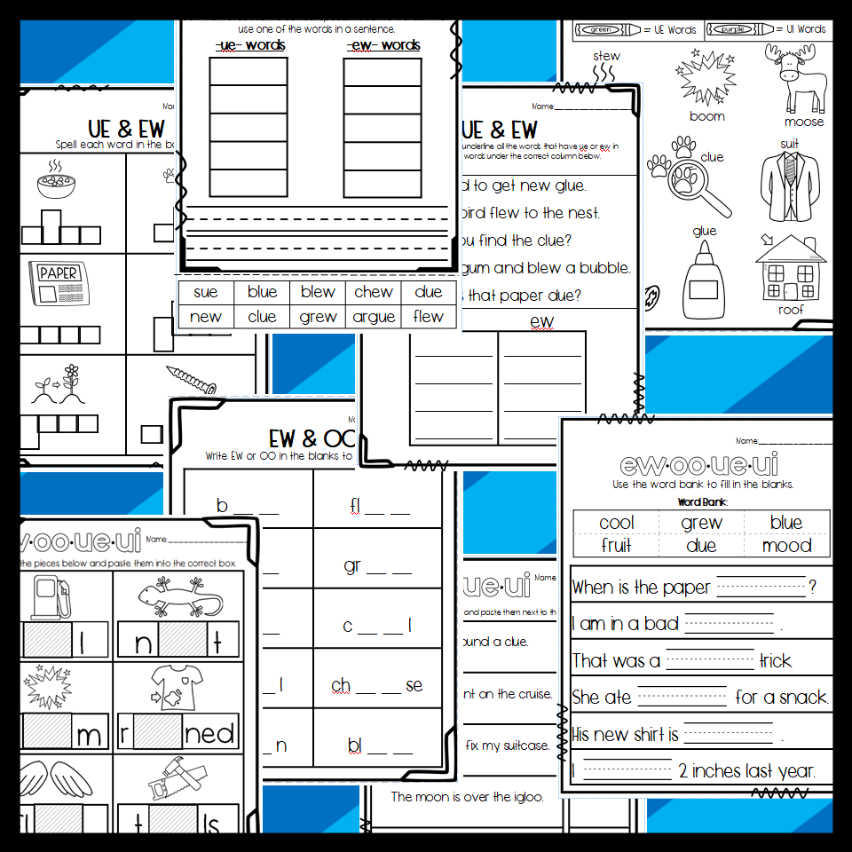 Ew, Ue, Ui, and OO Worksheets: Cut and Paste Sorts, Cloze sentences ...