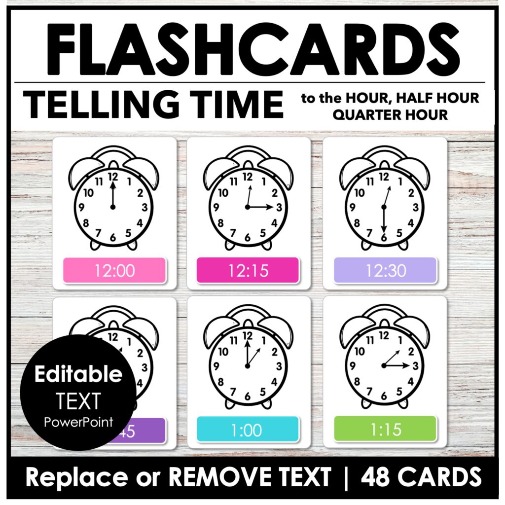 Telling Time EDITABLE Flashcards for ESL - to the HOUR, HALF HOUR ...
