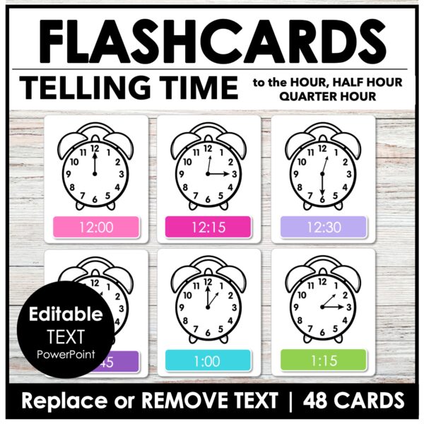 Telling Time EDITABLE Flashcards for ESL - to the HOUR, HALF HOUR ...