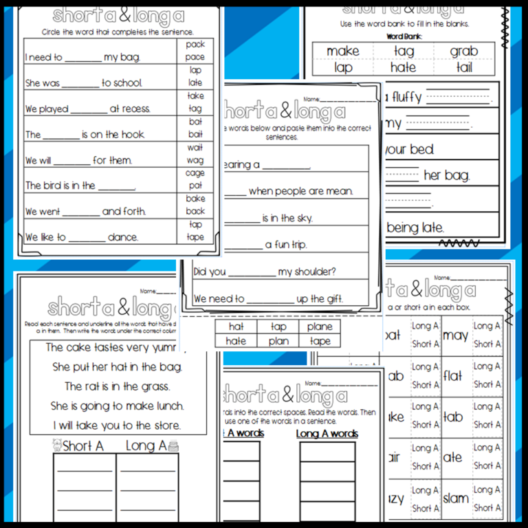 Long A and Short A Worksheets: Cut and Paste Sorts, Cloze, and More ...