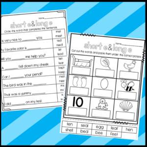 Long E and Short E Worksheets: Cut and Paste Sorts, Cloze, Sentences ...