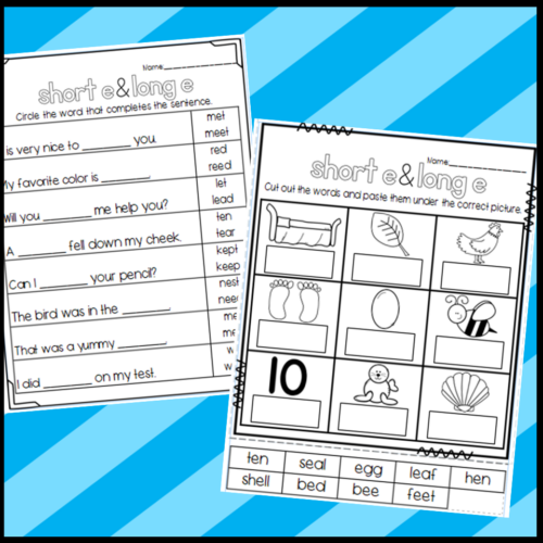 Long E and Short E Worksheets: Cut and Paste Sorts, Cloze, Sentences ...