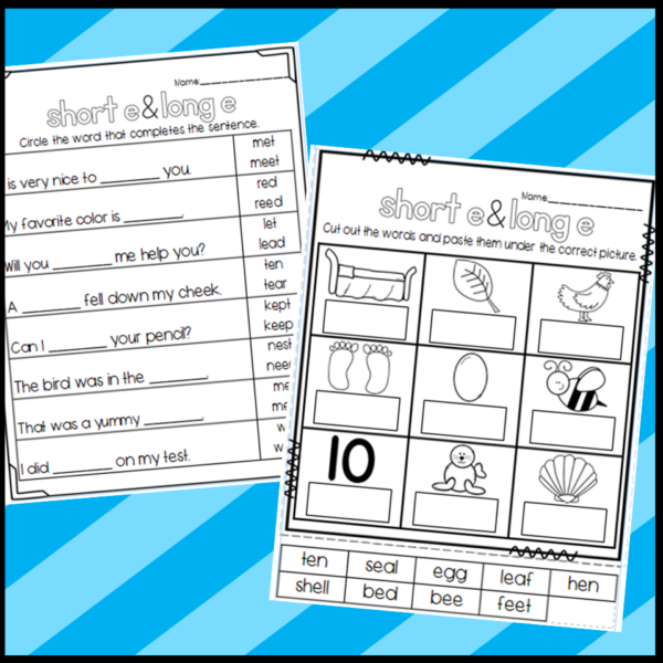 Long E and Short E Worksheets: Cut and Paste Sorts, Cloze, Sentences ...