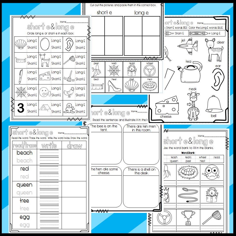 Long E and Short E Worksheets: Cut and Paste Sorts, Cloze, Sentences ...