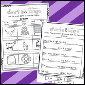 Long O and Short O Worksheets: Cut and Paste Sorts, Cloze, Read and ...