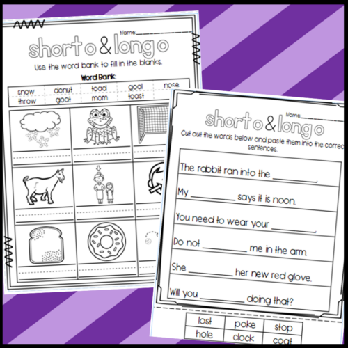 Long O and Short O Worksheets: Cut and Paste Sorts, Cloze, Read and ...