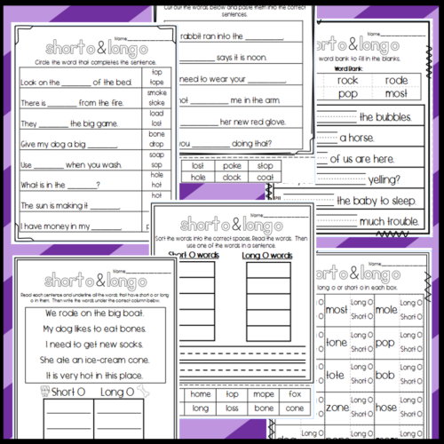 Long O and Short O Worksheets: Cut and Paste Sorts, Cloze, Read and ...